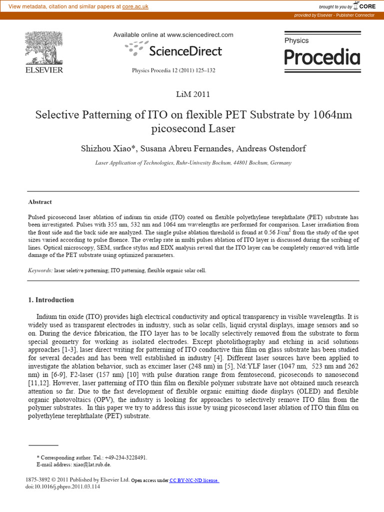 Selective Patterning of ITO On Flexible PET Substrate by 1064nm ...