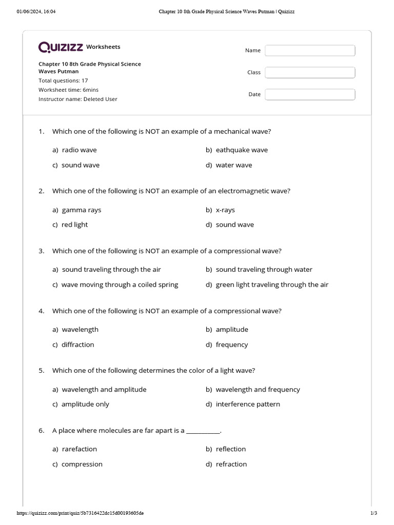 Chapter 10 8th Grade Physical Science Waves Putman - Quizizz | PDF ...