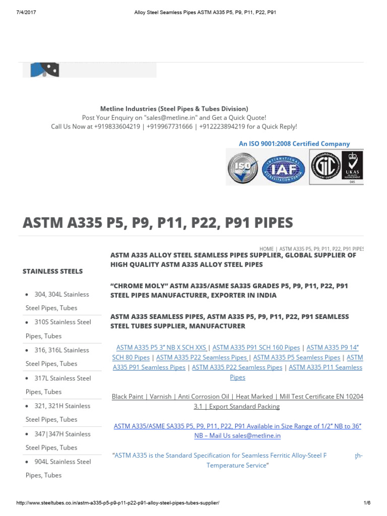 Alloy Steel Seamless Pipes ASTM A335 P5 | PDF | Pipe (Fluid Conveyance ...