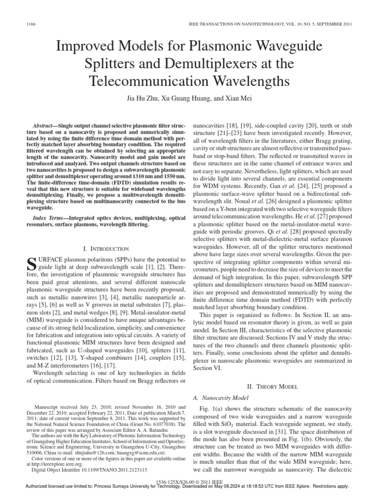 Improved Models For Plasmonic Waveguide Splitters and Demultiplexers at The Telecommunication ...