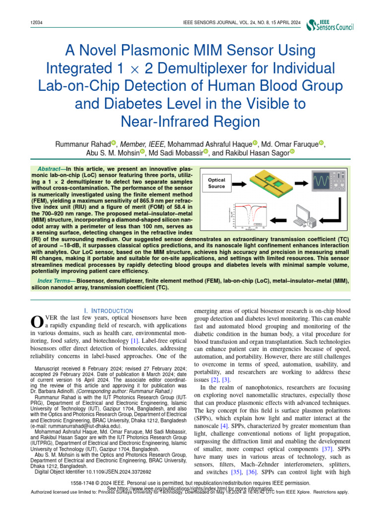 A Novel Plasmonic MIM Sensor Using Integrated 1 2 Demultiplexer For Individual Lab-on-Chip ...