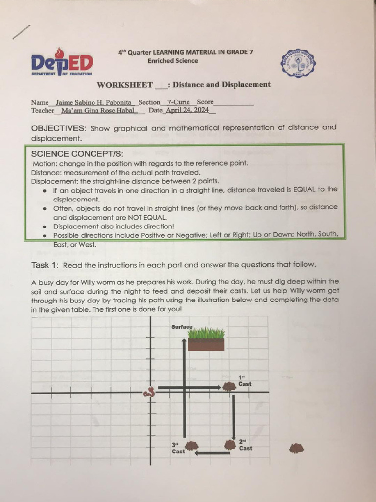 Worksheet 1 Distance and Displacement | PDF