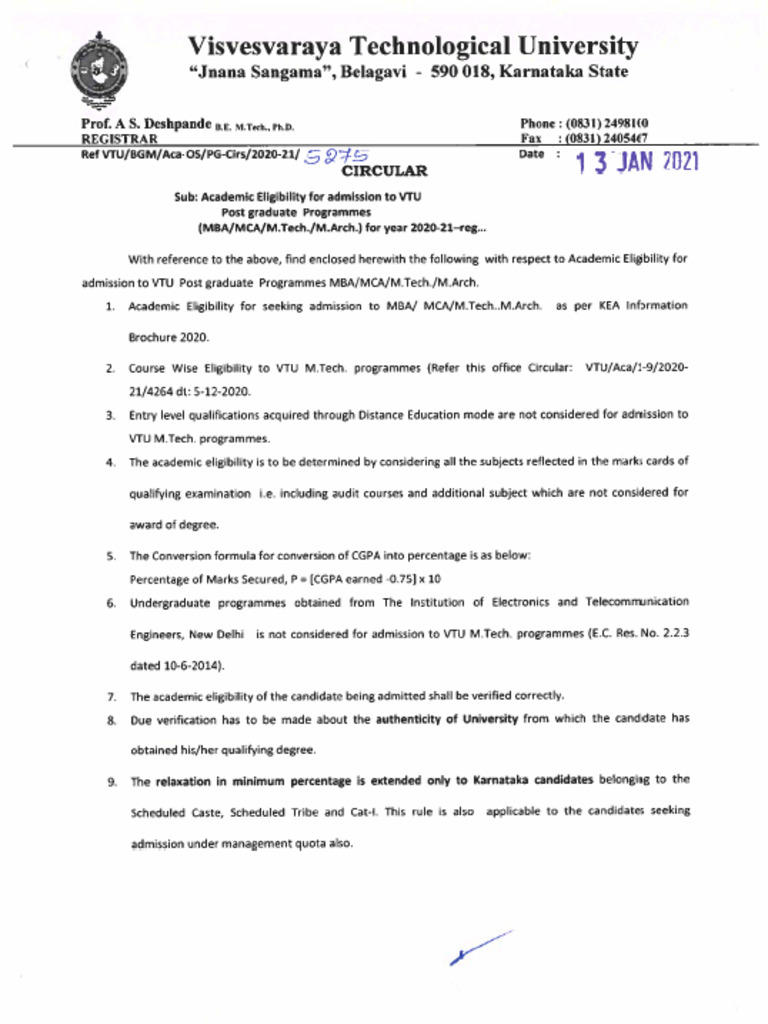 Academic Eligibility To VTU PG Circular-2 | PDF