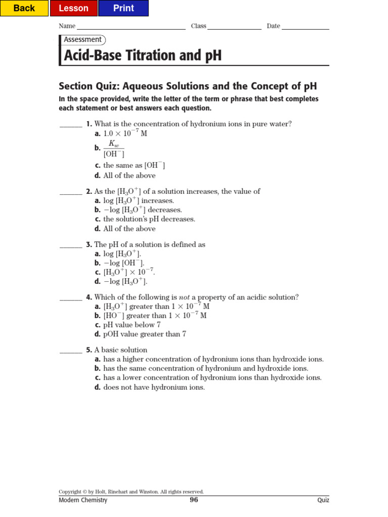 CH 15.1 Sec Quiz | PDF | Ph | Acid