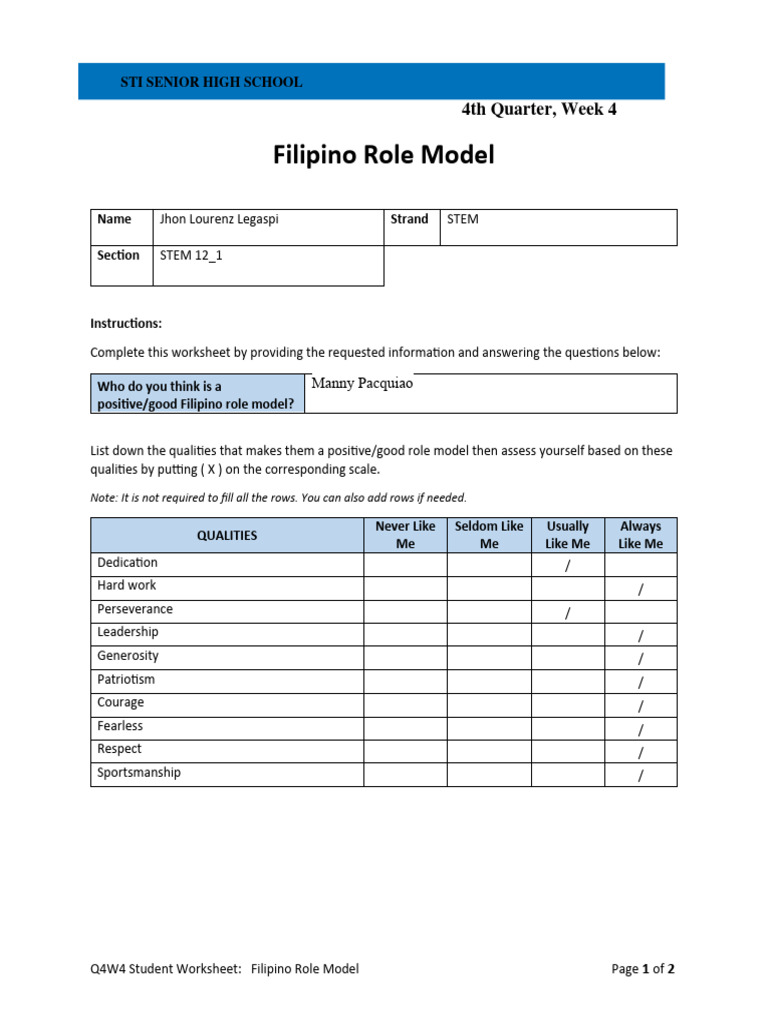 G124QW4 Worksheet - Filipino Role Model (Finished) | PDF