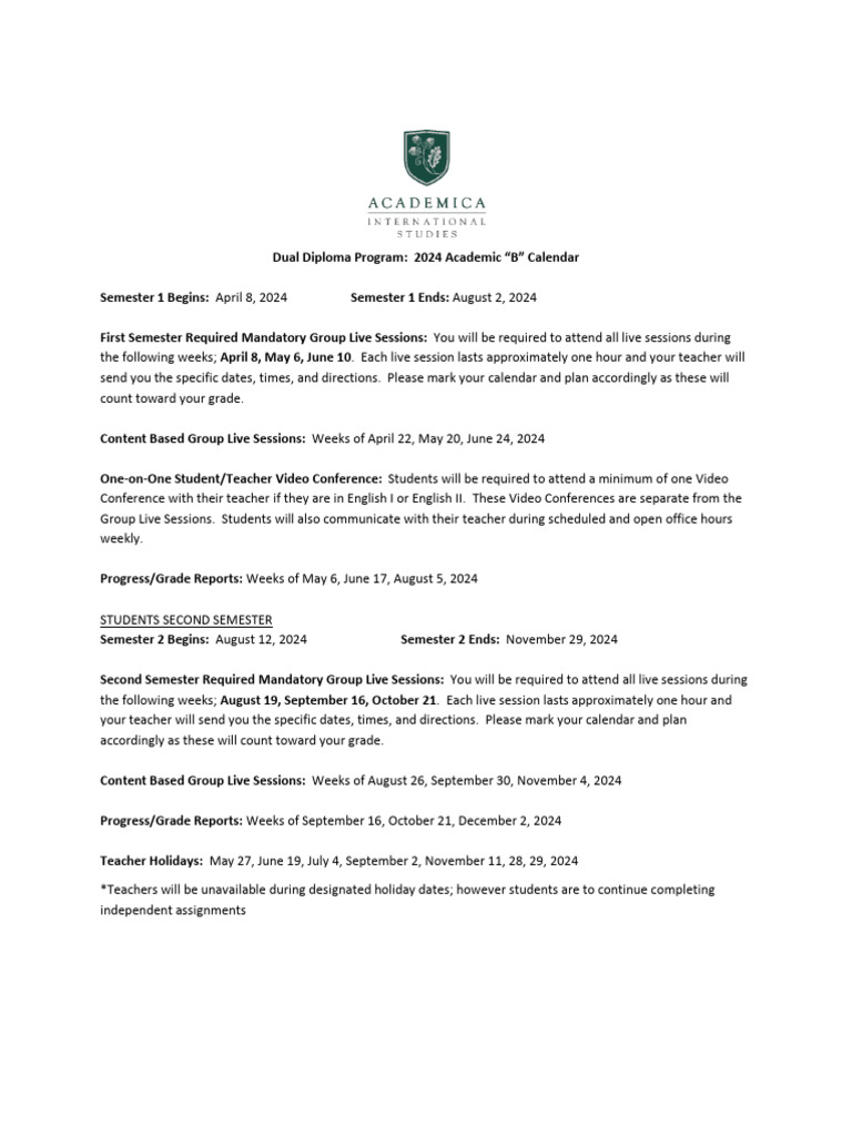 2024 Dual Diploma Program Calendar | PDF