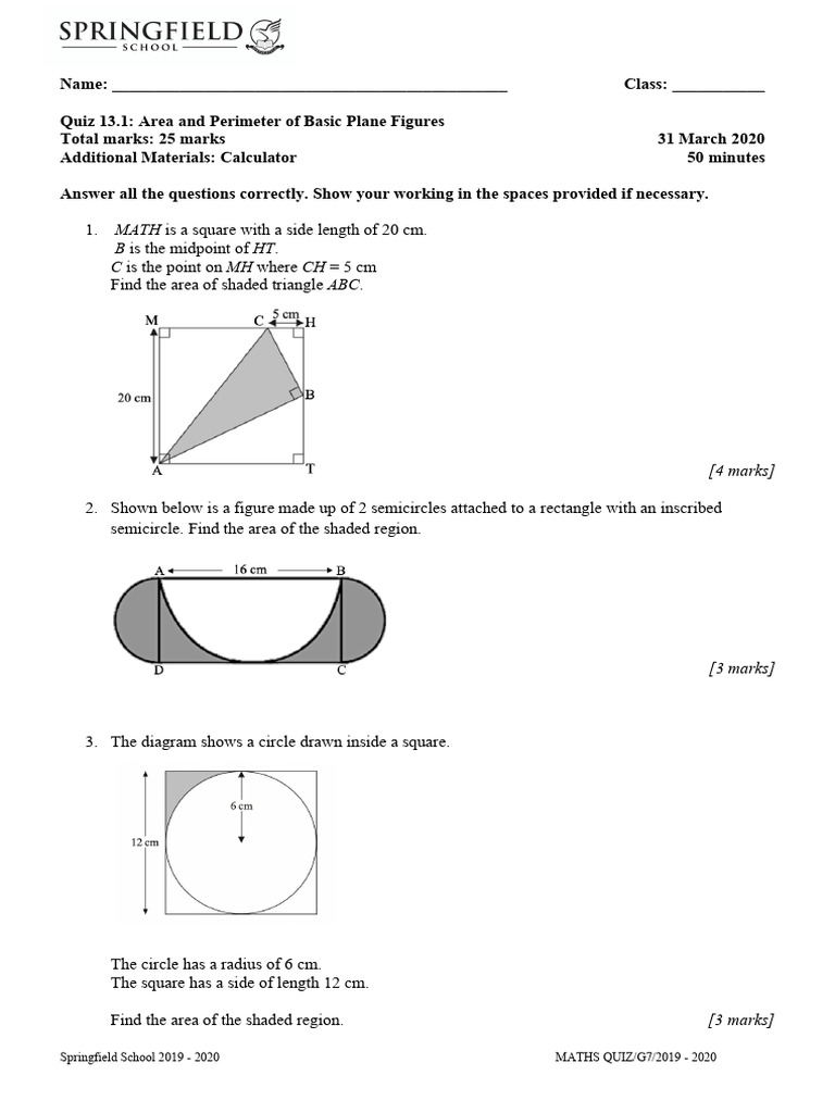 Quiz 13.1 - Area and Perimeter of Basic Plane Figures PDF | PDF