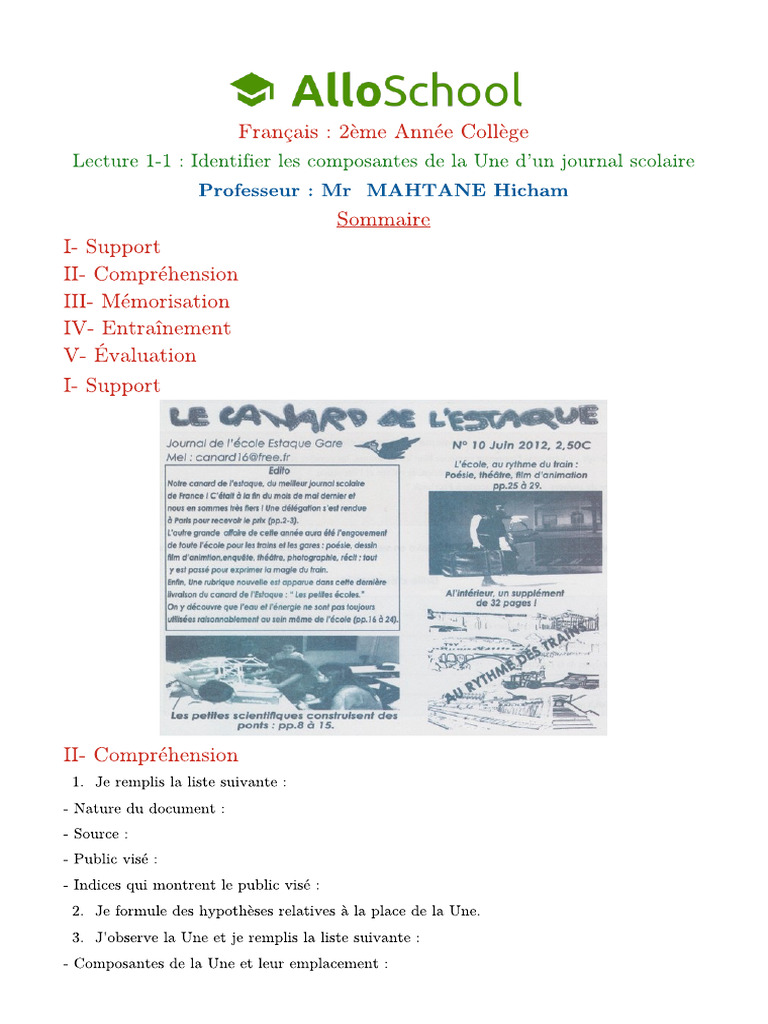 Lecture 1 1 Identifier Les Composantes de La Une D Un Journal Scolaire ...
