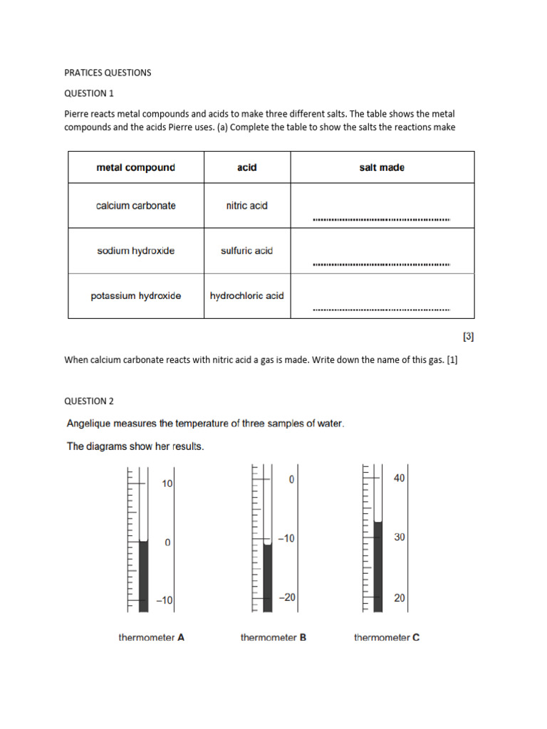 Chem Practice Questions | PDF | Acid | Chemical Reactions