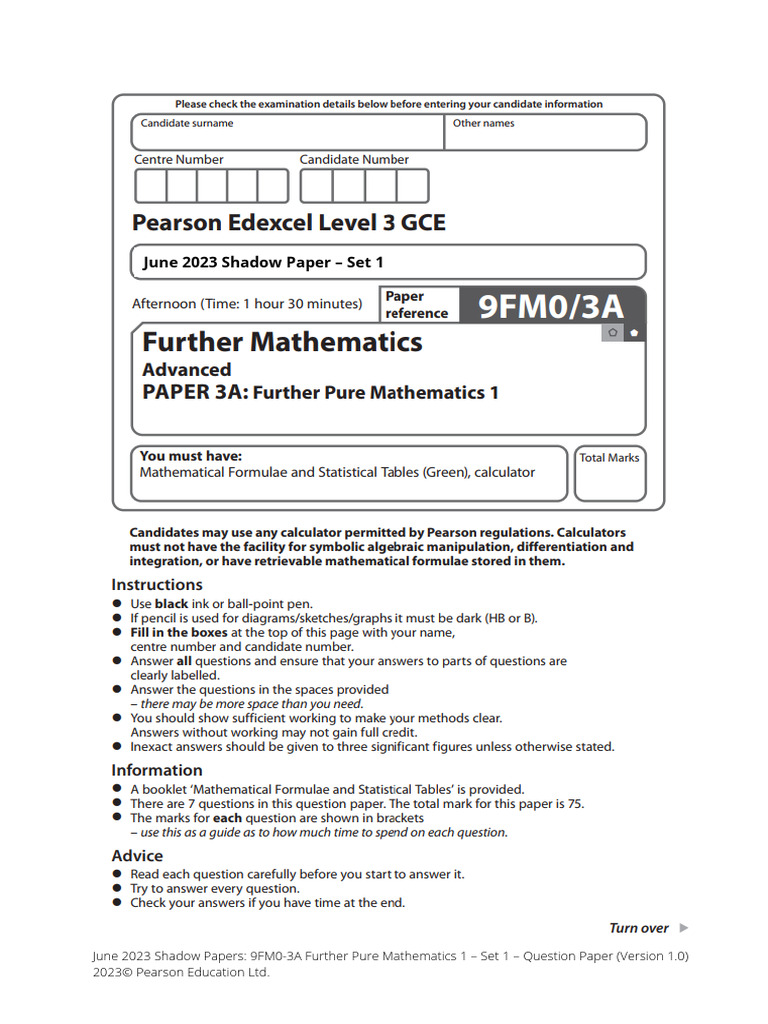 2306 9FM0-3A Further Pure Mathematics 1 June 2023 Shadow Paper PDF ...