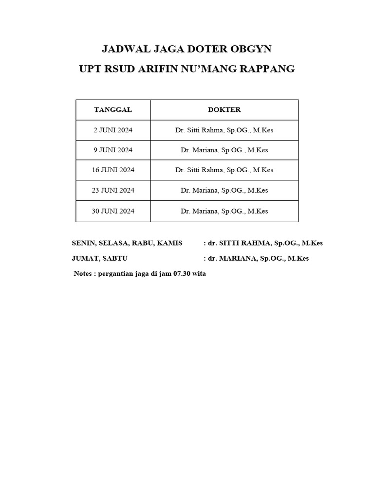 Jadwal Jaga Dokter Obgyn | PDF