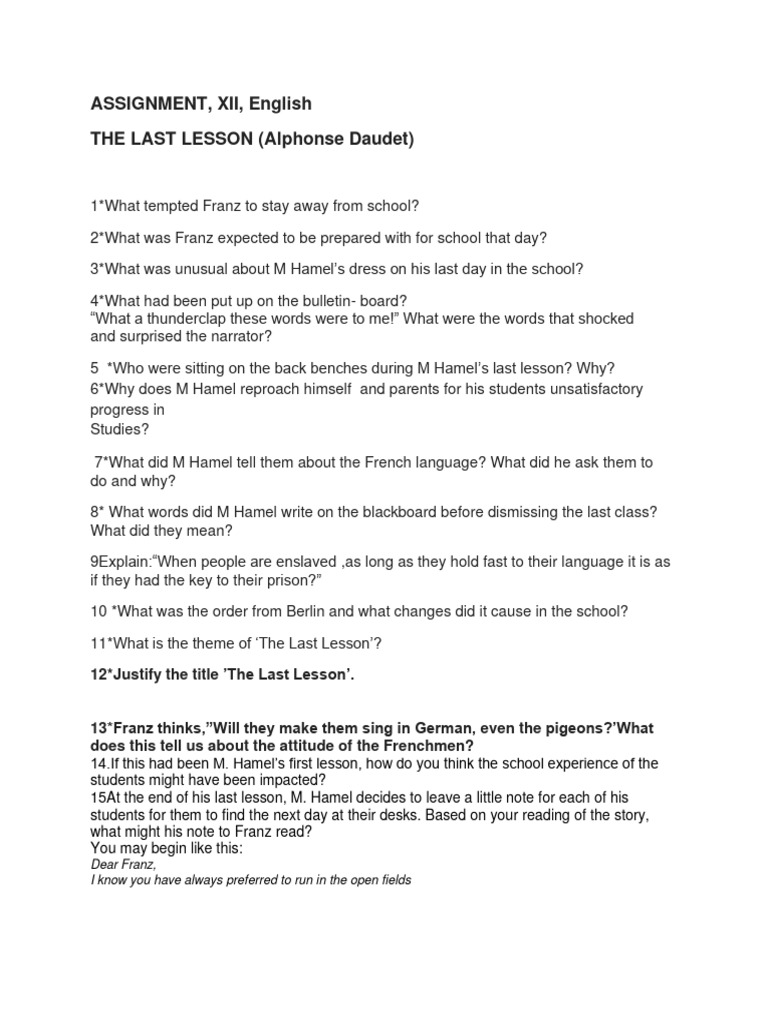 The Last Lesson, Assignment | PDF | Foreign Language Studies | General ...