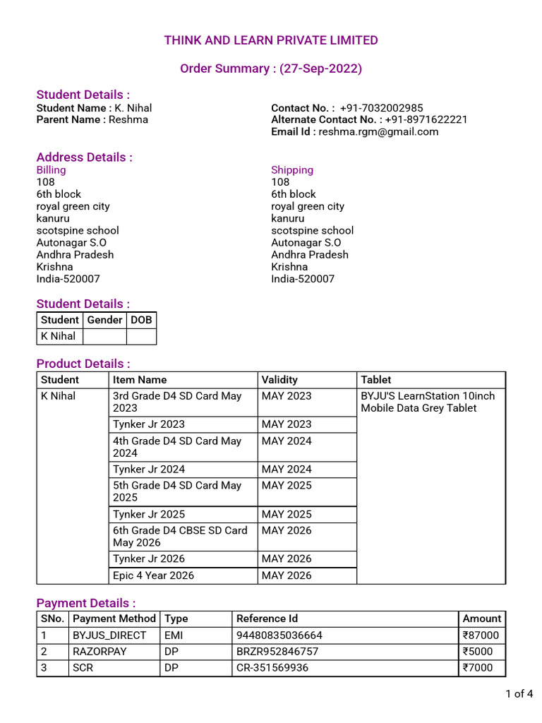 Kadapa Nihal - Bill.invoice - Byjus | PDF | Legal Remedy | Cheque