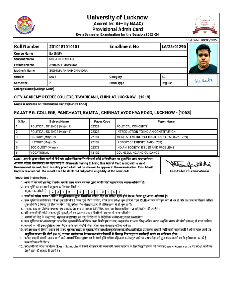 Lucknow University Admit Card | PDF