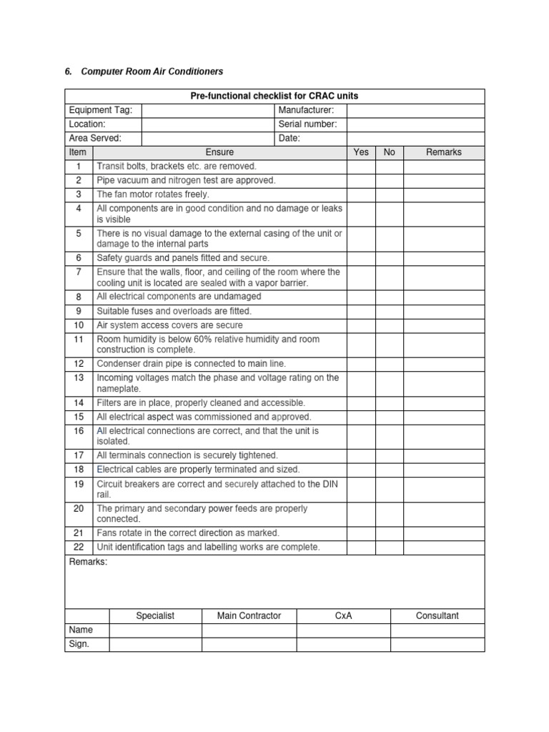 CRAC Unit Pre-Functional Checklist | PDF