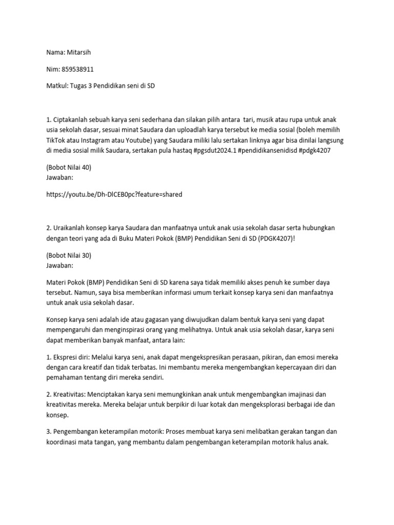 Tugas 3 Pendidikan Seni Di SD | PDF | Seni