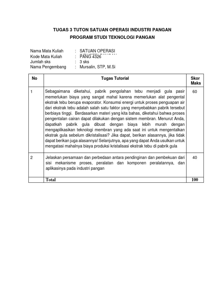 Tugas 3 Tuton Satuan Operasi Industri Pangan PANG4326 | PDF