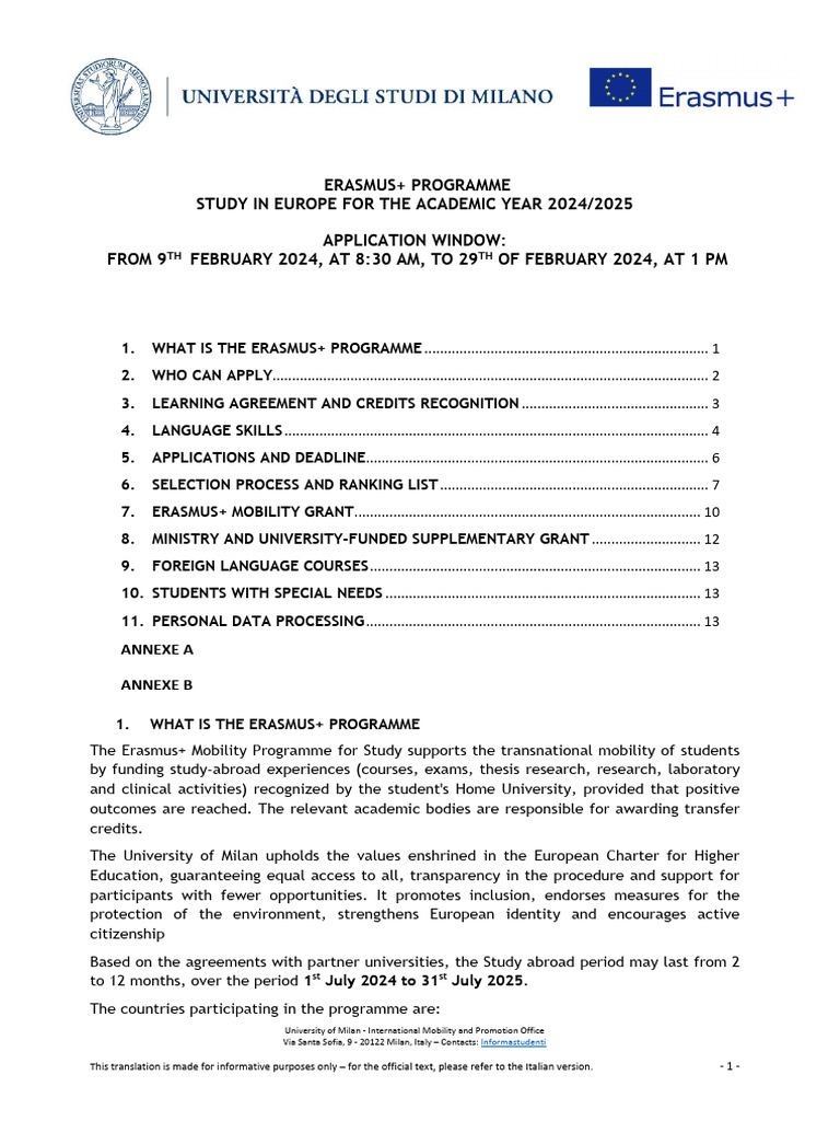 Erasmus Call 2024 25 Eng | PDF