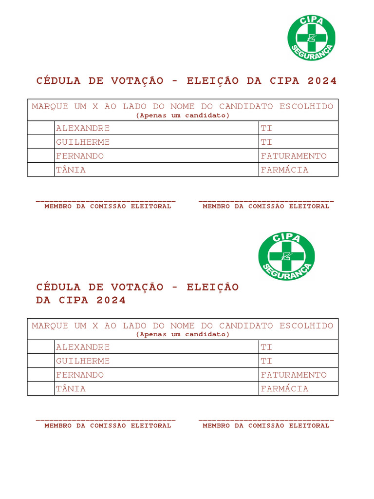 Cédula de Votação Cipa 2024 | PDF