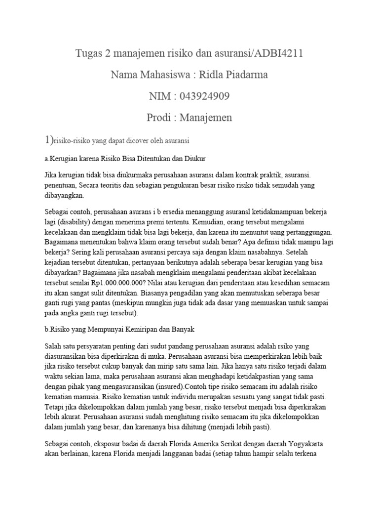 Tugas 2 Manajemen Risiko Dan Asuransi | PDF | Hukum