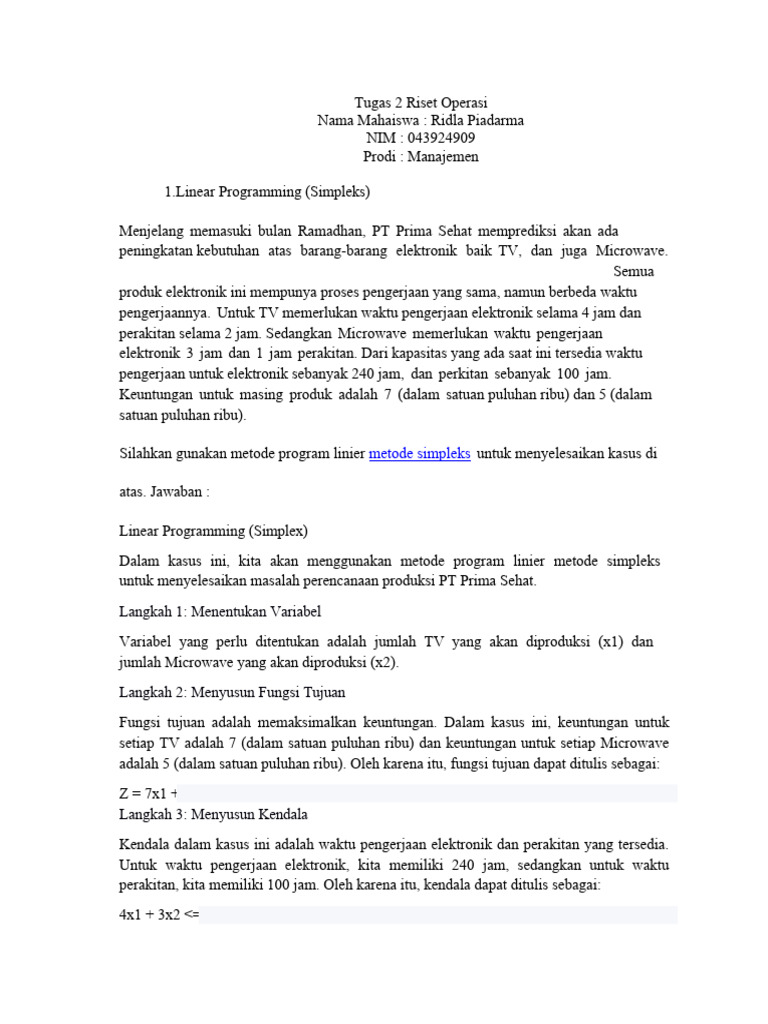 Tugas 2 Riset Operasi | PDF | Teknologi & Rekayasa