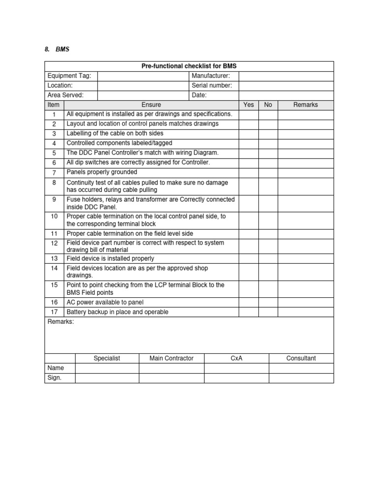 BMS Construction Checklist-2 | PDF