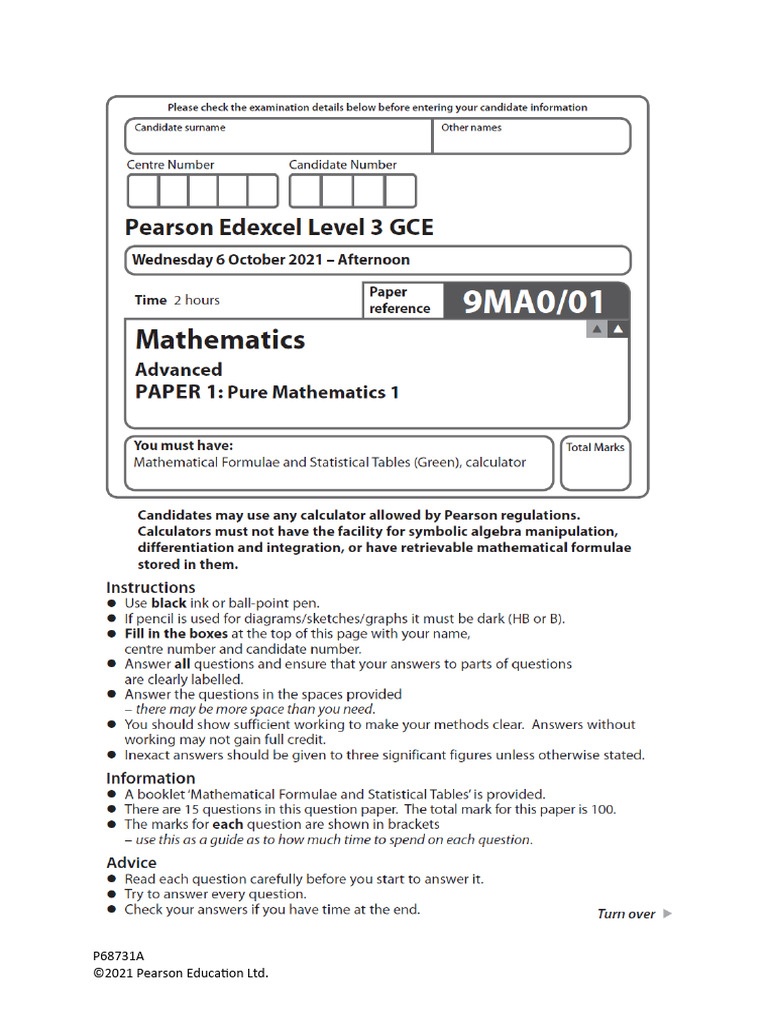 Paper 1 2021 | PDF | Equations | Mathematical Concepts
