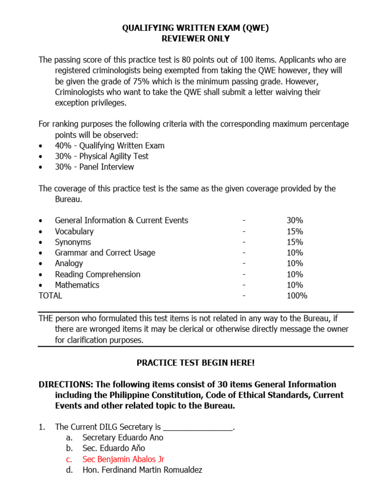 Qualifying Written Exam Answer Key | PDF | Pardon | Search And Seizure