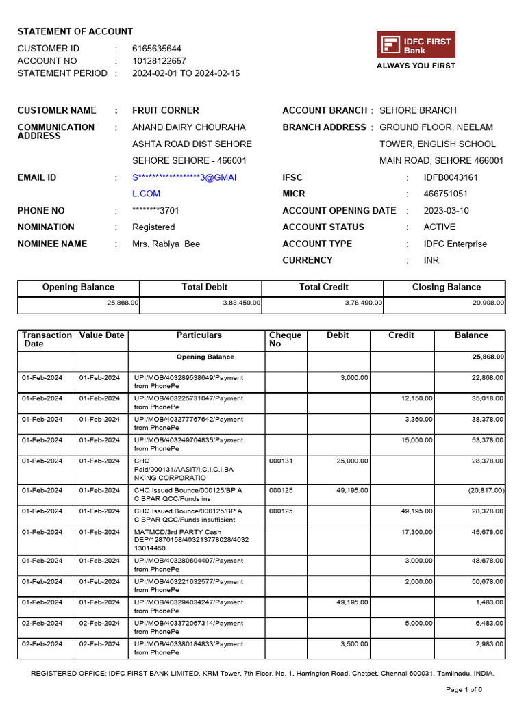 IDFCFIRSTBankstatement 10128122657 | PDF | Payments | Personal ...