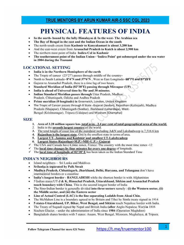 Physical Features of India Notes by Arun Kumar AIR-5 SSC | PDF