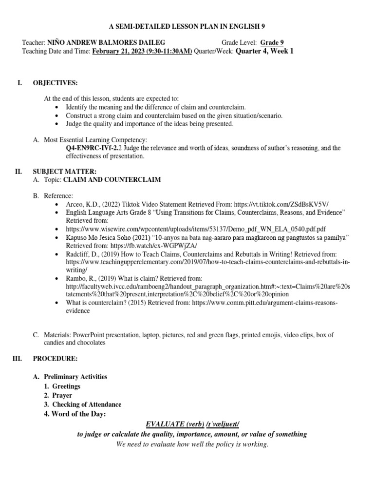 Claim and Counterclaim Lesson Plan | PDF | Self-Improvement | Wellness