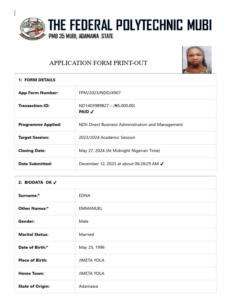 Eforms Print-Out Federal Poly, Mubi | Download Free PDF | Vocational Education | Student ...