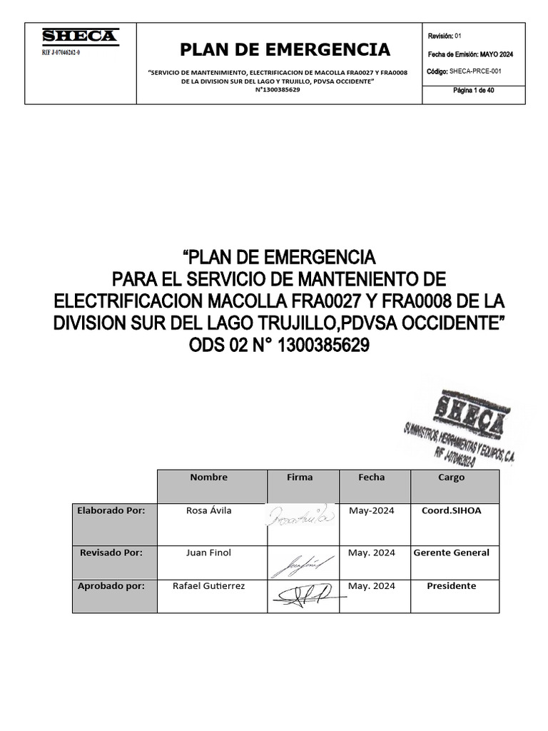 Plan de Emergencia y Control de Respuestas Sheca Ods 02 Electrificacion-1 | PDF | Temblores ...