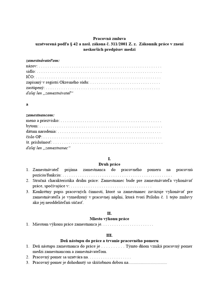 Pracovná Zmluva (Vzor Na Vyplnenie) | PDF
