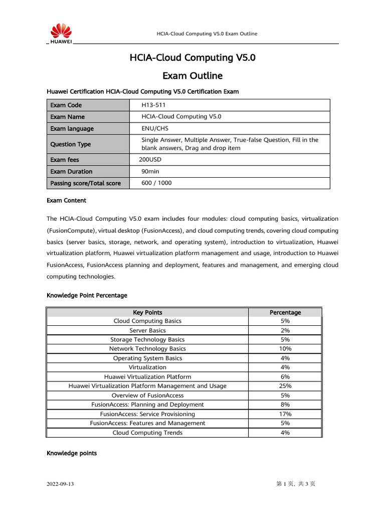 HCIA-Cloud Computing V5.0 Exam Outline | PDF | Virtualization | Cloud Computing