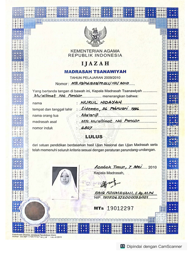 Ijazah MTS Nurul Hidayah | PDF