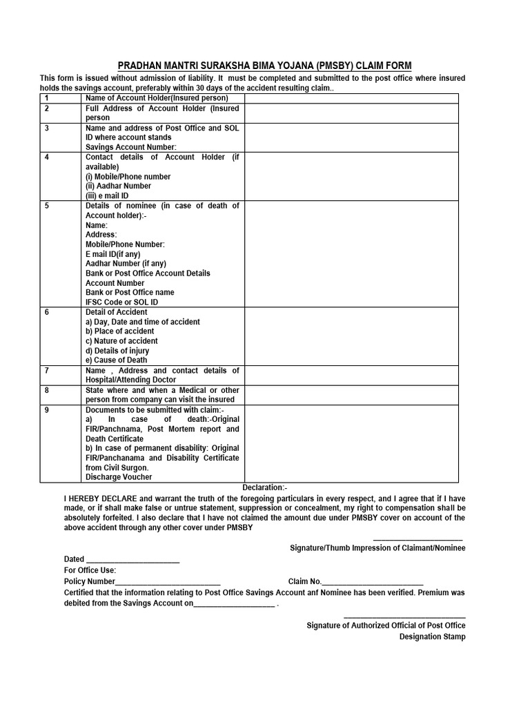 PMSBY Claim Form and SOP For Claim Settlement | PDF | Deposit Account ...