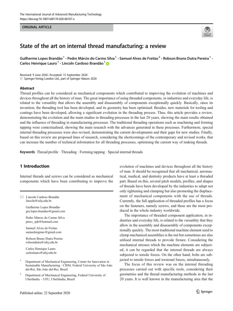 State of The Art On Internal Thread Manufacturing A Review | PDF | Machining | Wear