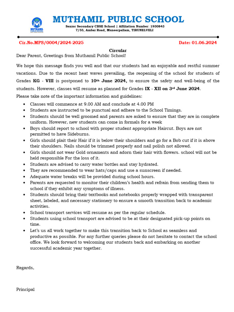 CIRCULAR 2024 - 2025 - School Reopen | PDF