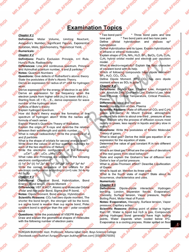 Xi-Chemistry Imp Topics Chap Wise by Prof Furqan Bukhari | PDF