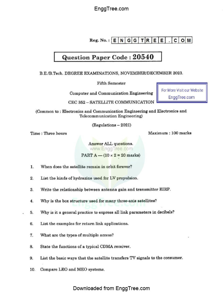 CEC352 Satellite Communication Nov Dec 2023 Question Paper Download | PDF