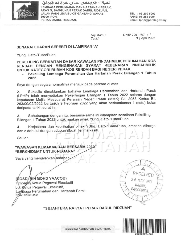 Pekeliling Berkaitan Dasar Kawalan Pindahmilik Perumahan Kos Rendah ...