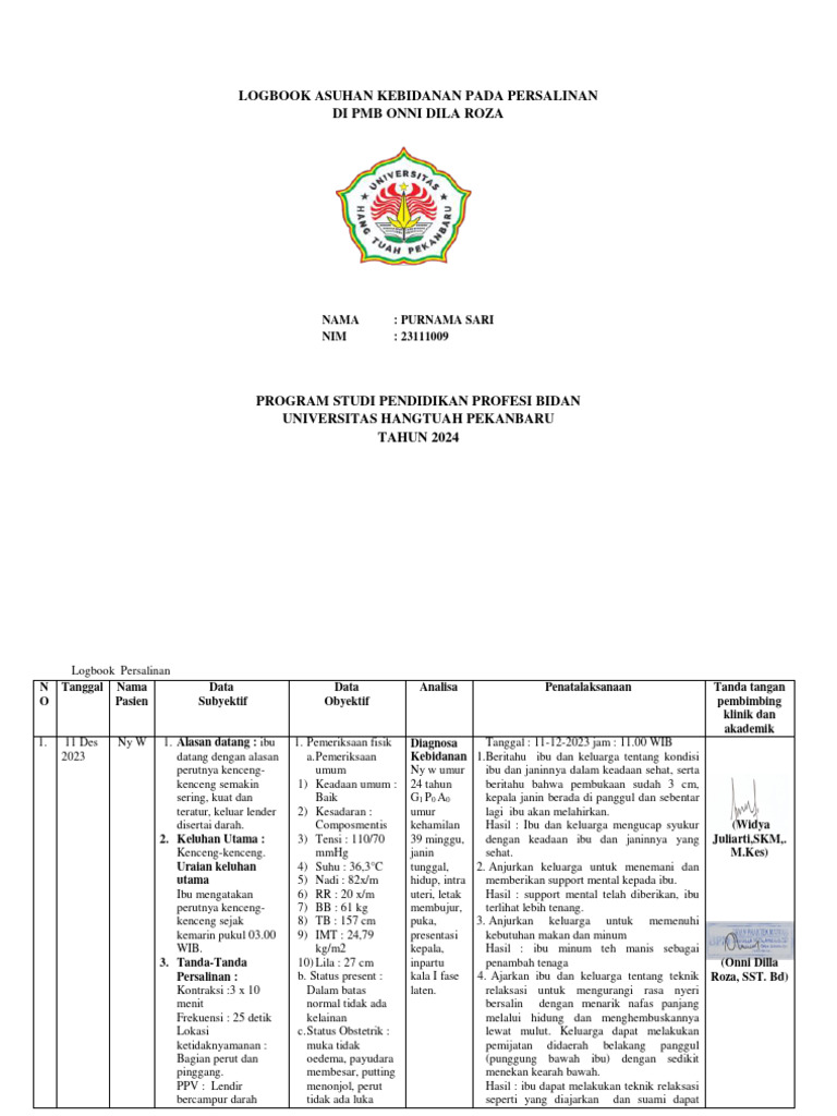 LOGBOOK ASUHAN PERSALINAN Purnama | PDF