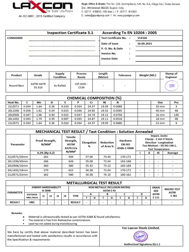 SS 310 Mill Test Certificate Summary | PDF | Building Materials | Metals