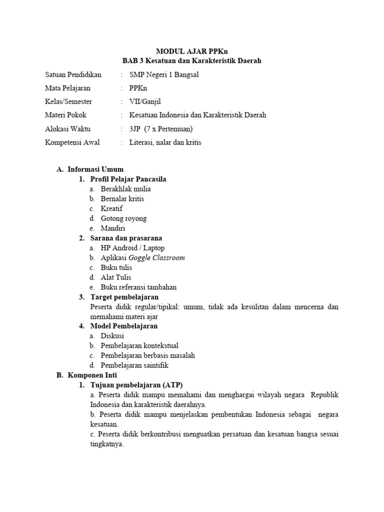 MODUL AJAR PPKN BAB 3 KESATUAN INDONESIA DAN KARAKTERISTIK DAERAH | PDF | Karier & Perkembangan
