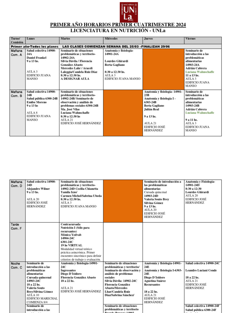 HORARIO PRIMER CUATRIMESTRE 2024 Con Aulas - Compressed-2 | PDF