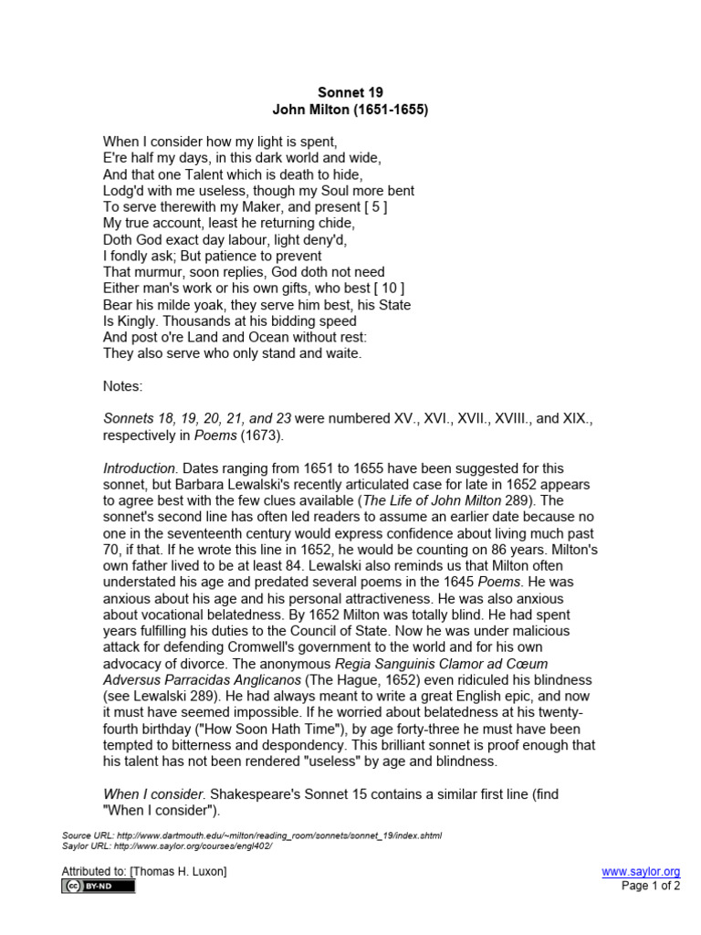 ENGL402 Milton Sonnet 19 | PDF | John Milton