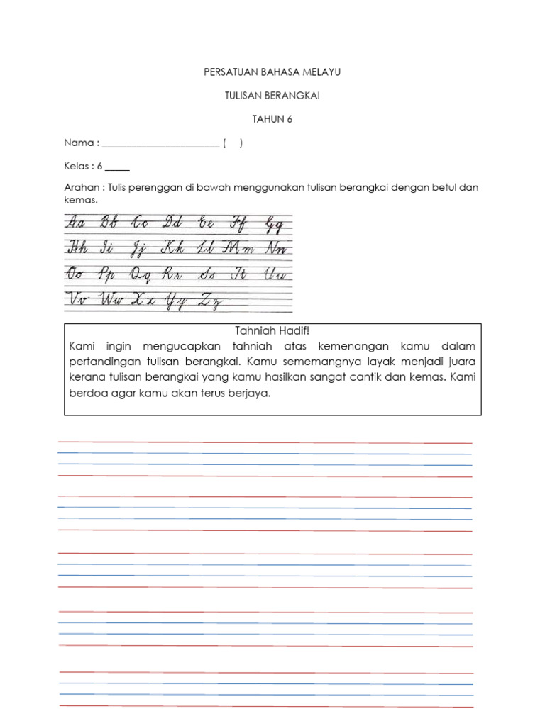 Contoh Tulisan Berangkai Tahun 6 | PDF
