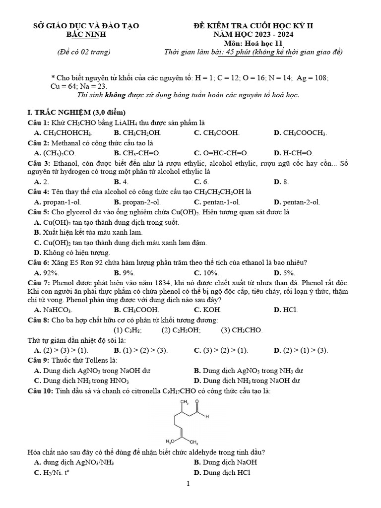 Hoá 11 - cuối HKII 23-24 - BN | PDF