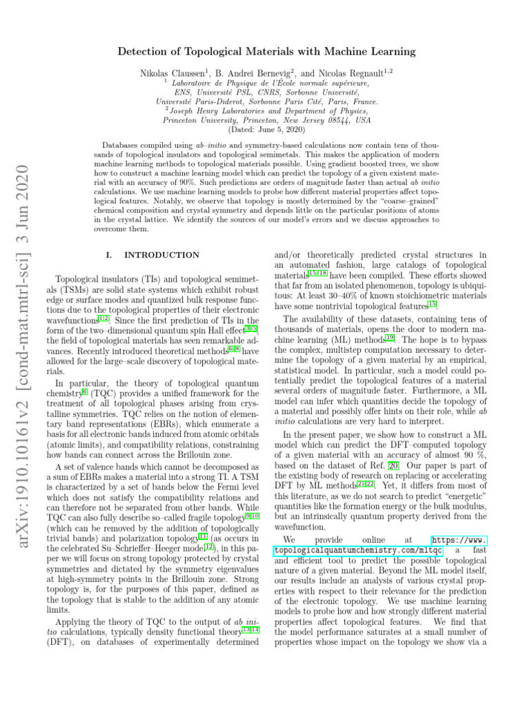 Detection of Topological Materials With Machine Learning | PDF | Density Functional Theory ...